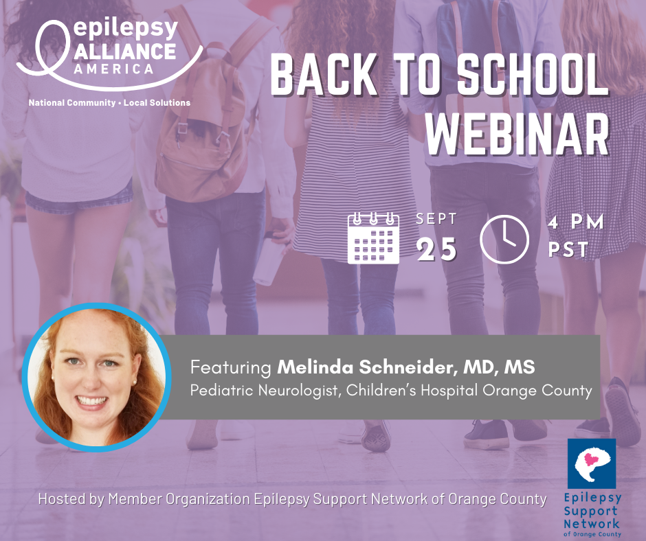 Graphic promoting a back to school webinar for students with epilepsy