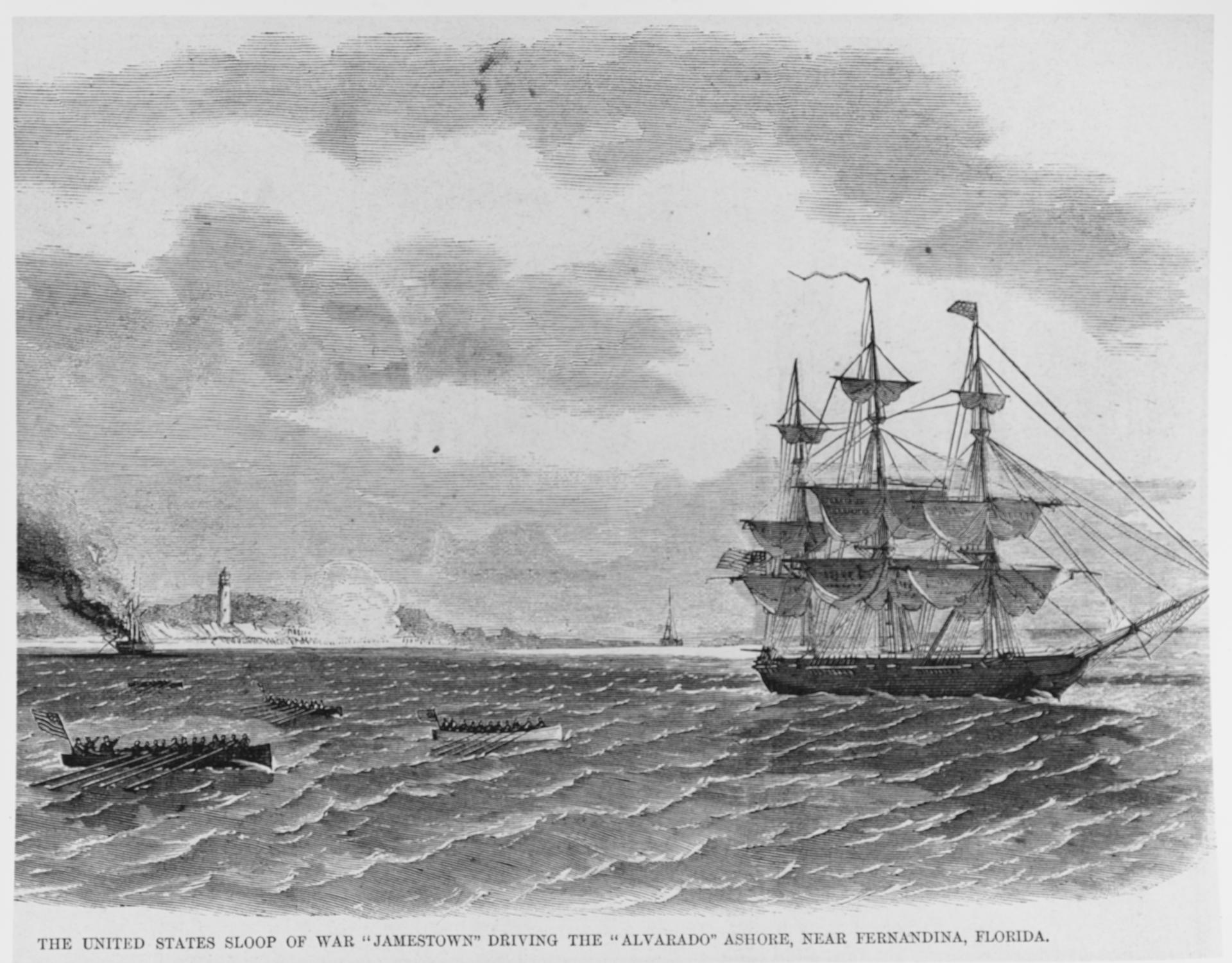 (Above) "The United States Sloop of War 'Jamestown' driving the ...